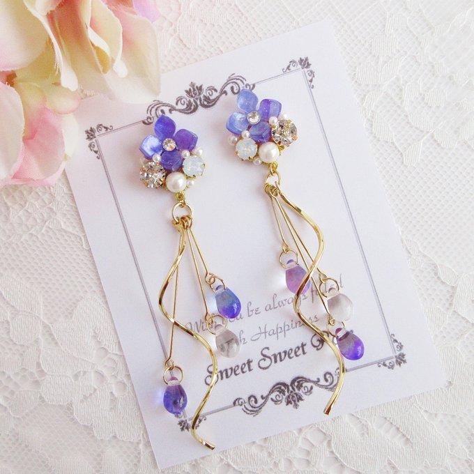 再販】あじさいビジューとウェーブ~Purple~ イヤリング ピアス 再販】あじさいビジューとウェーブ~Purple~ イヤリング ピアス
