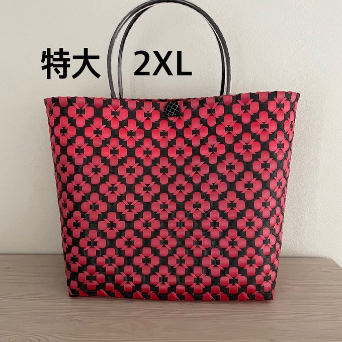 プラカゴ 花柄 赤x黒 2XL 特大サイズ A4収納可 エコバッグ プラカゴ 花柄 赤x黒 2XL 特大サイズ A4収納可 エコバッグ